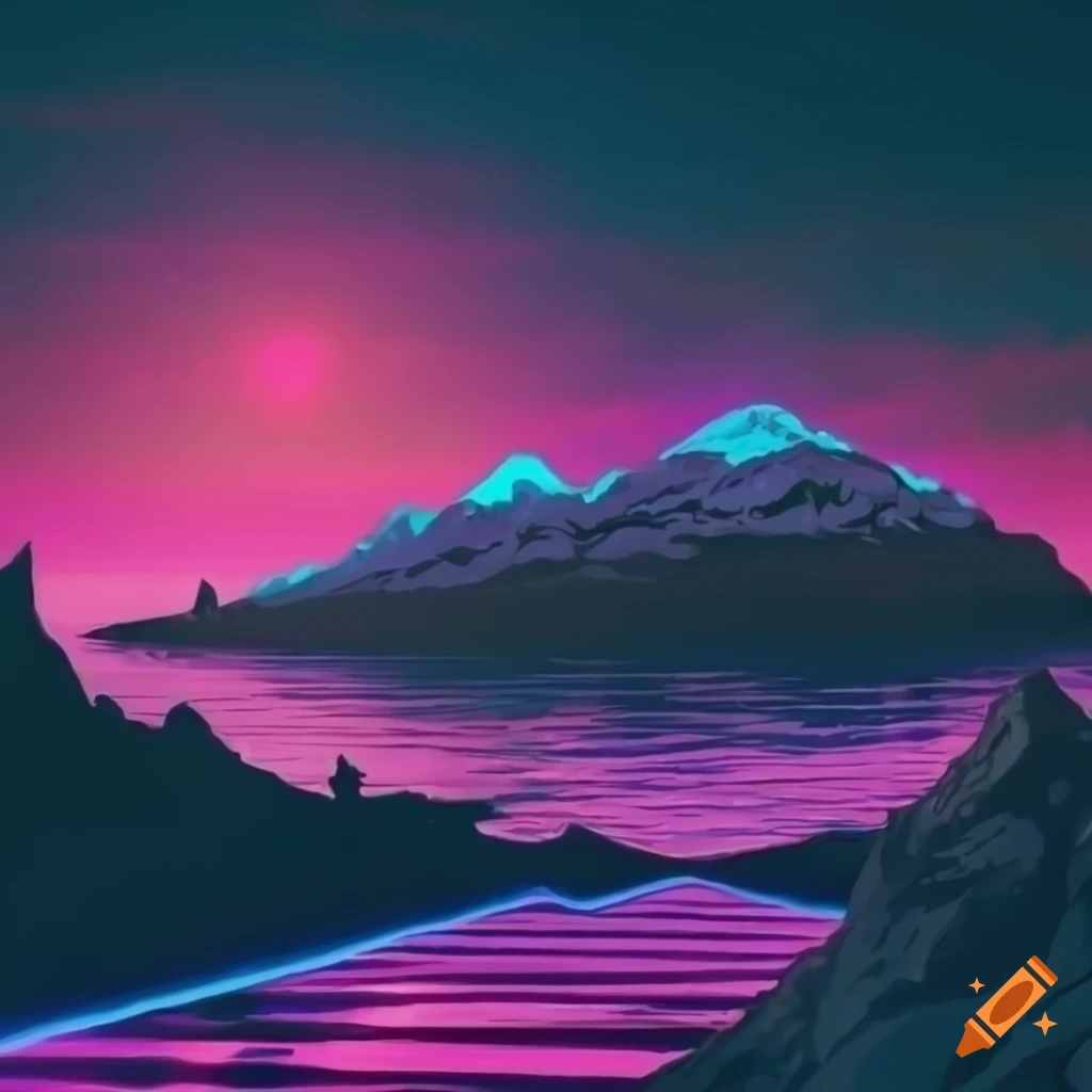 80's-inspired paleoart landscape with a synthwave vibe on Craiyon