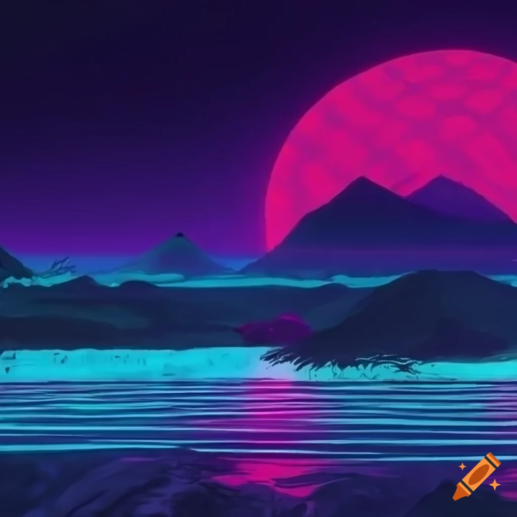 80's-inspired paleoart landscape with a synthwave vibe on Craiyon