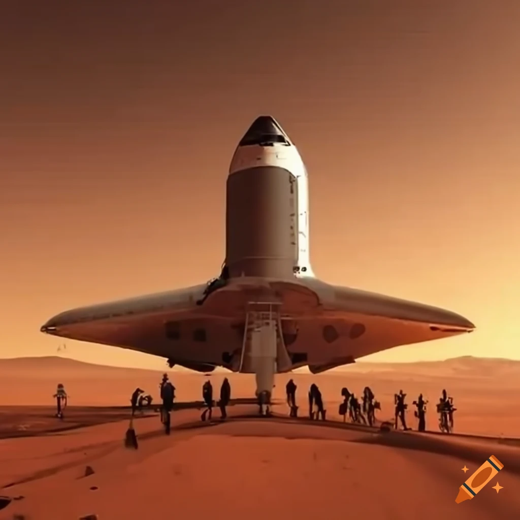 Airport terminal on Mars with a horizontal Space Shuttle and returning ...