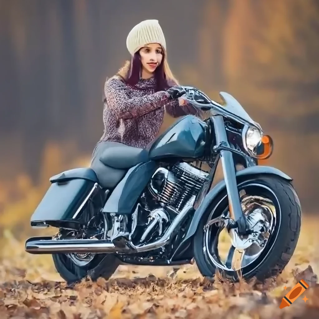 Stylish woman with a beanie riding a Harley-Davidson motorcycle in ...