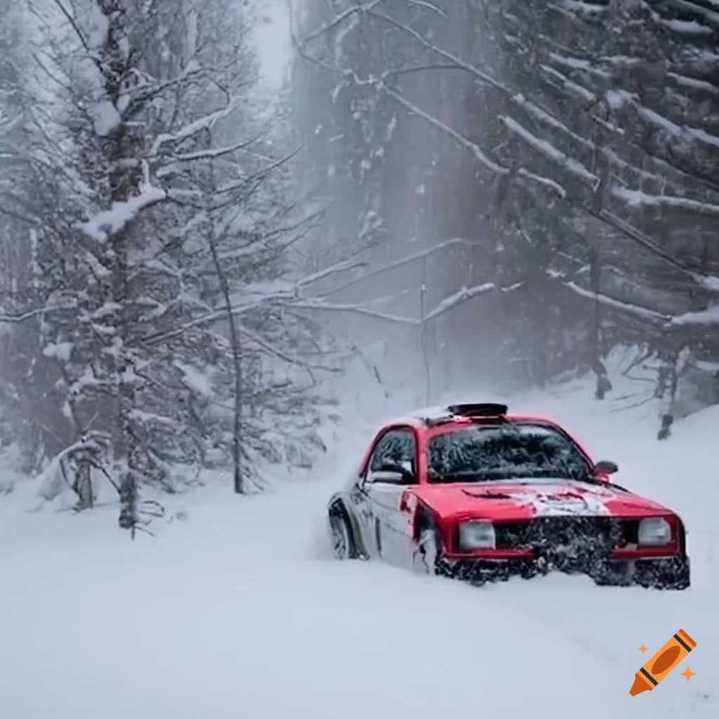 Rally car driving through a blizzard on Craiyon