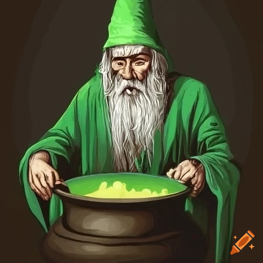 Wizard with black beard brewing a concoction in a cauldron in ...
