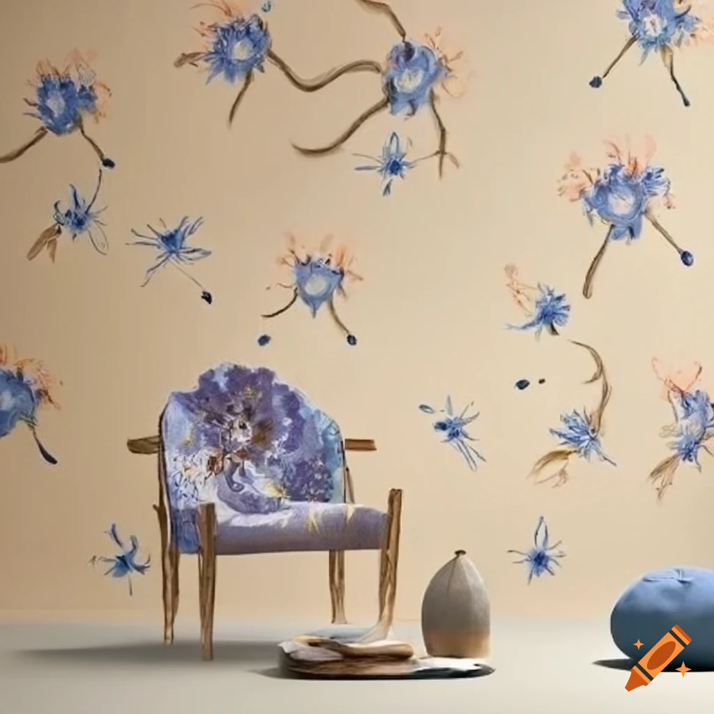 Room with wooden floor and blue flower decor by Chagall on Craiyon