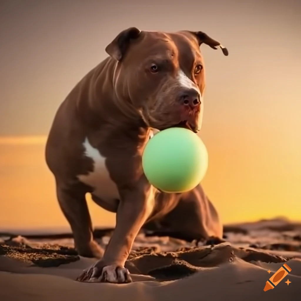 Pit bull playing with a ball on the beach at sunset on Craiyon
