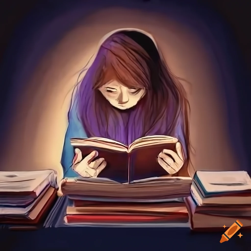 Sad person reading math books with stacks of books in the background on ...