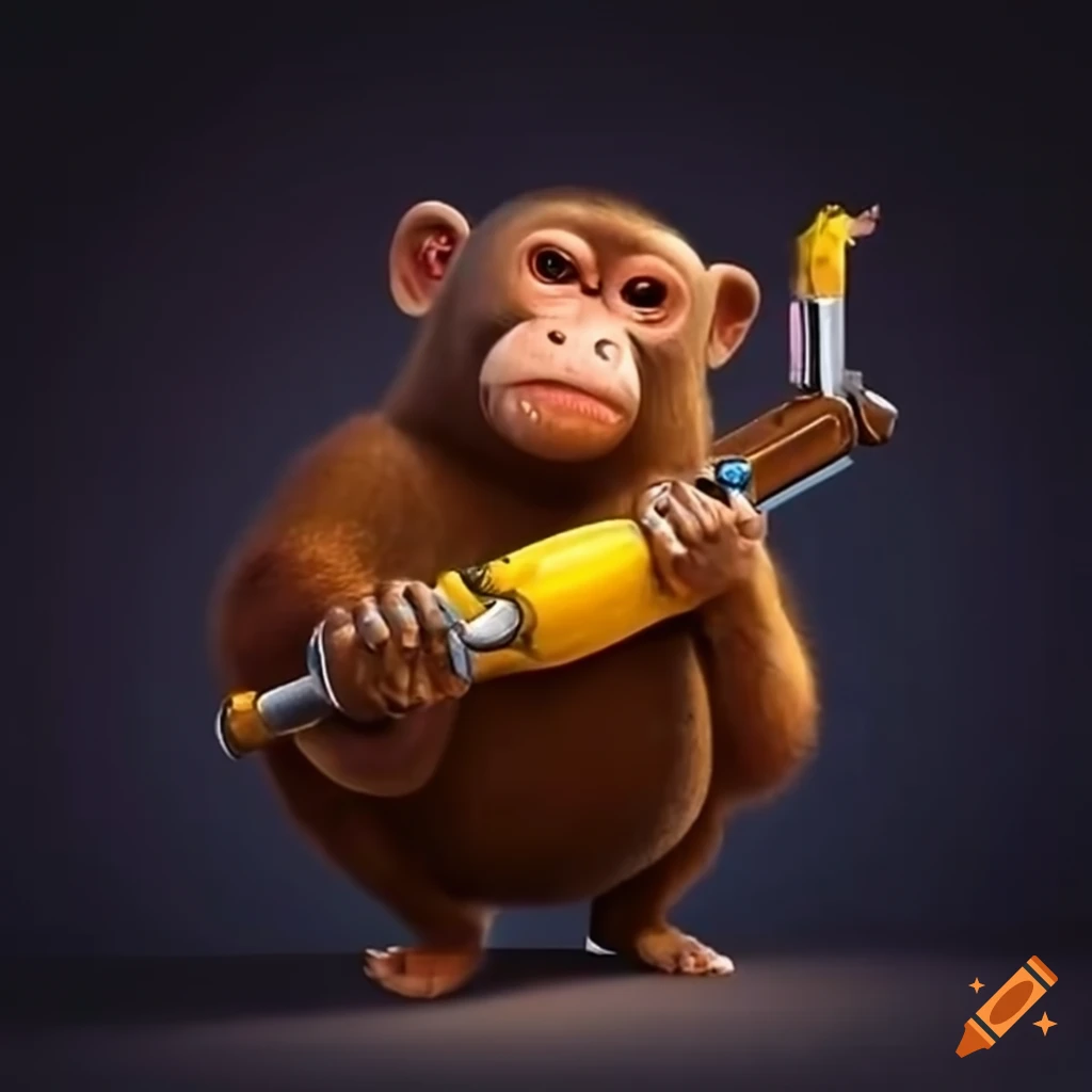 Chubby monkey holding a banana gun on Craiyon