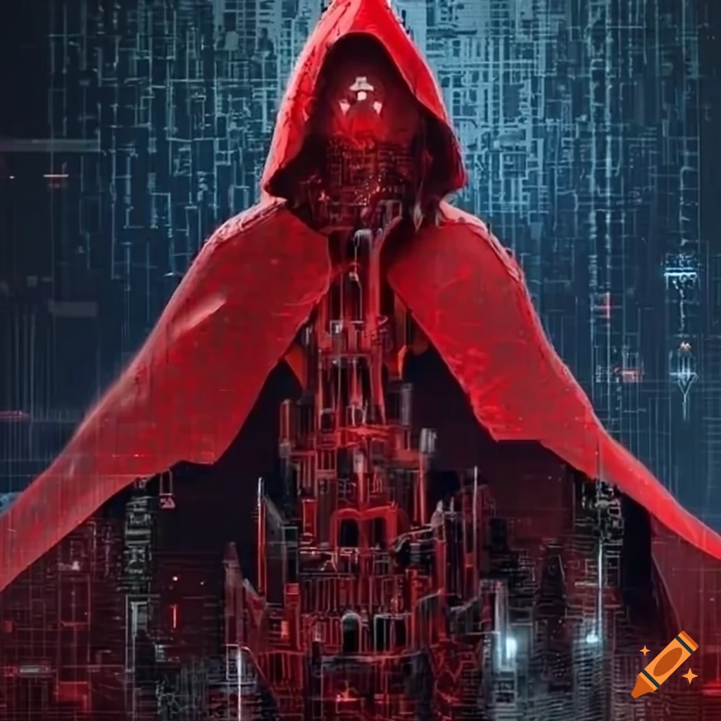 Futuristic red cloak with spider-like design and computer code near ...