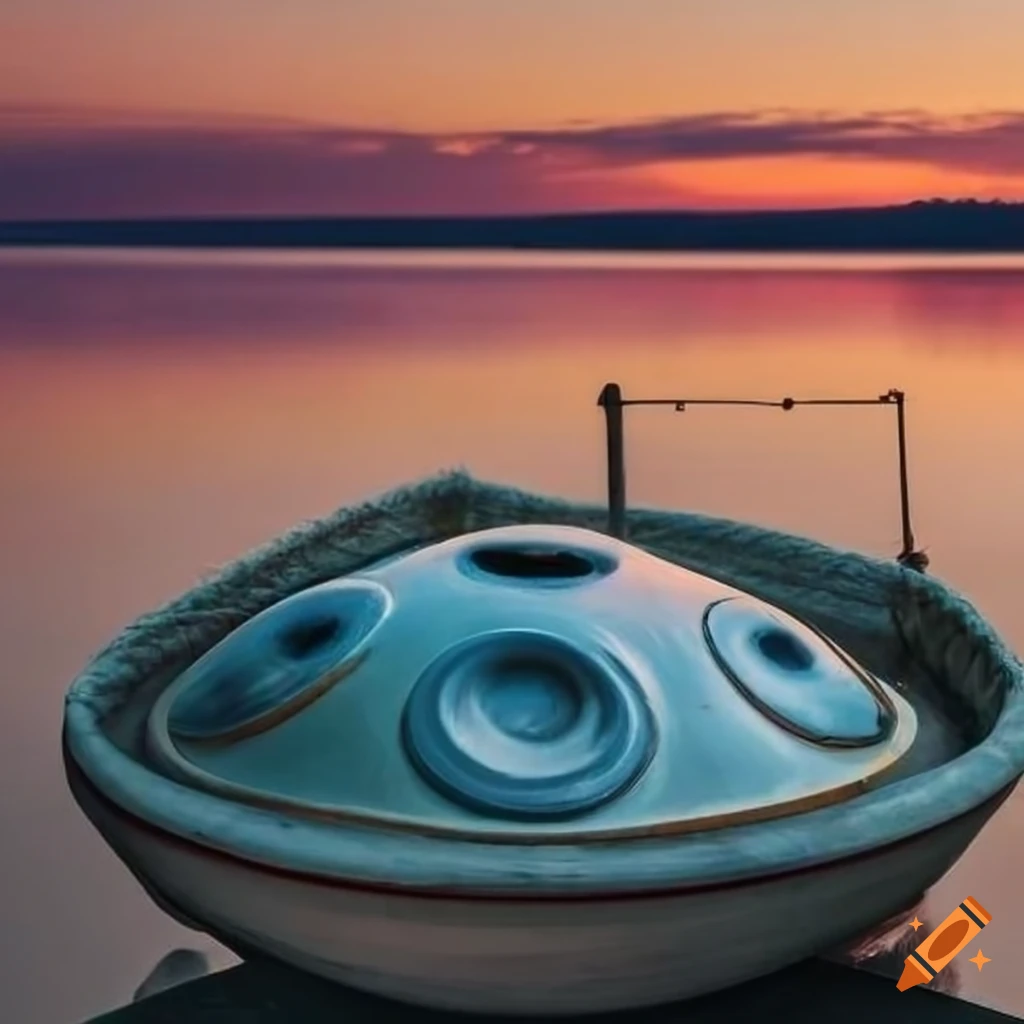 Handpan in a boat under a serene sunset on calm waters on Craiyon