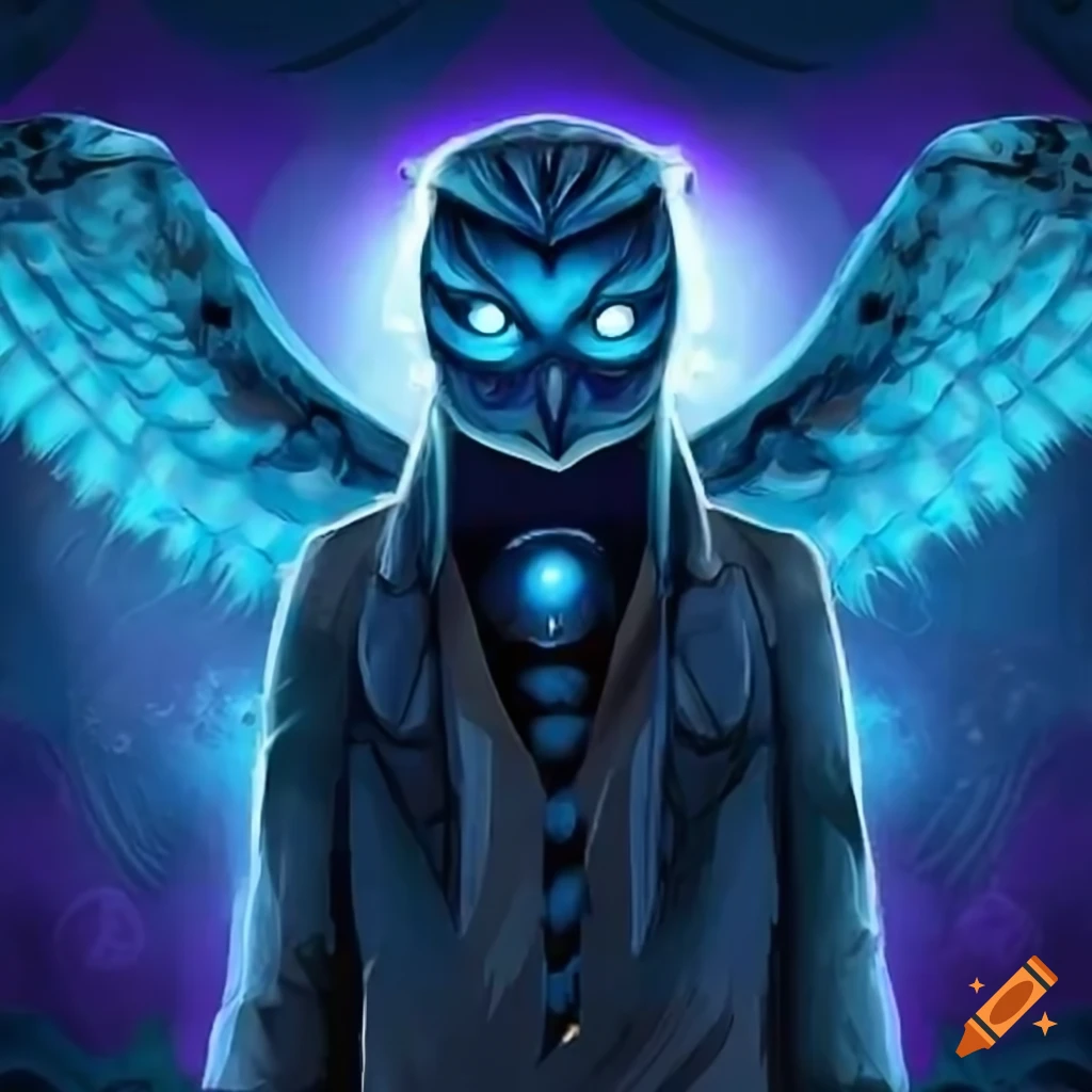 Blue mystical owl representing cyber security with a computer on Craiyon