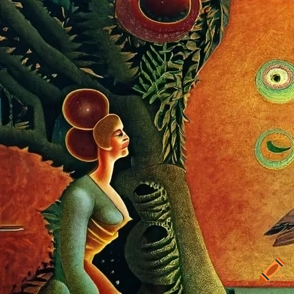 Surrealist painting depicting women and tree in an Italian piazza with ...