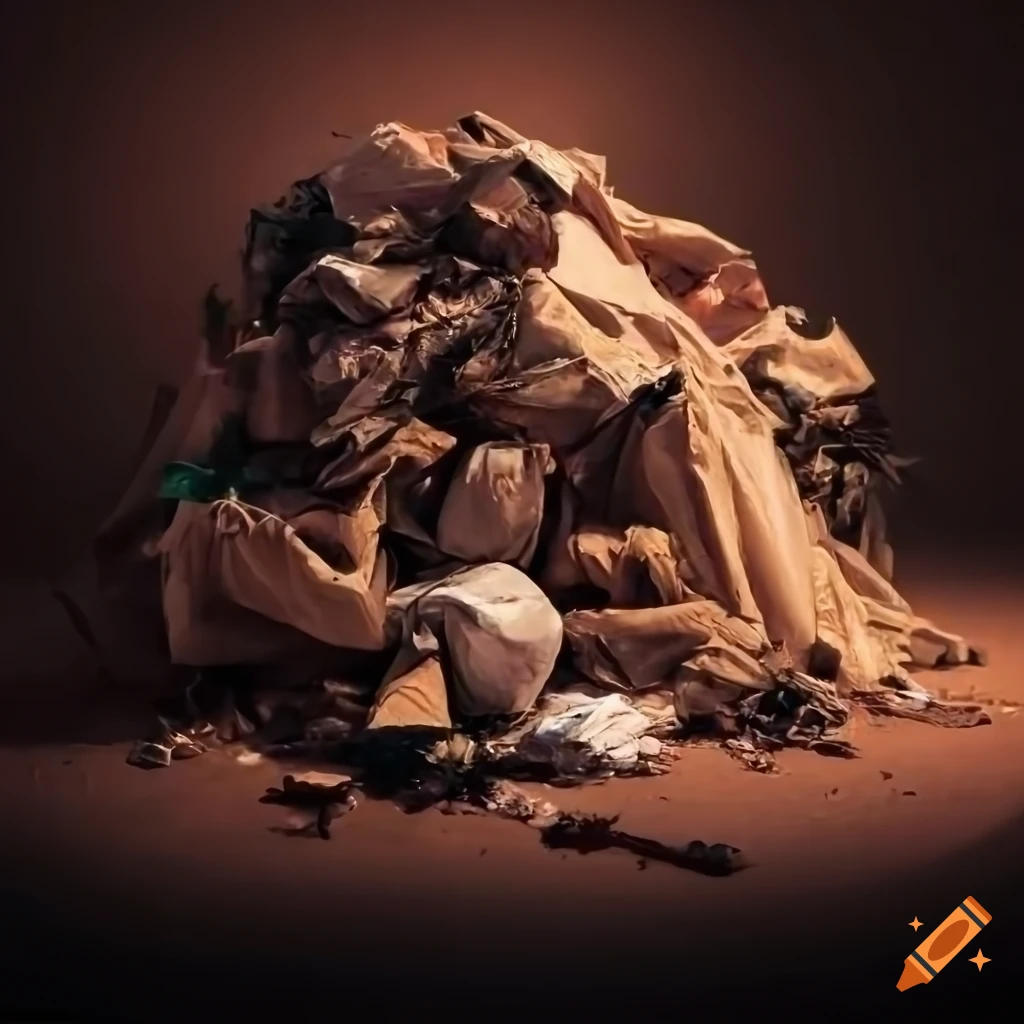 Pile of junk garbage covered with a drapery in a dramatic landscape on ...