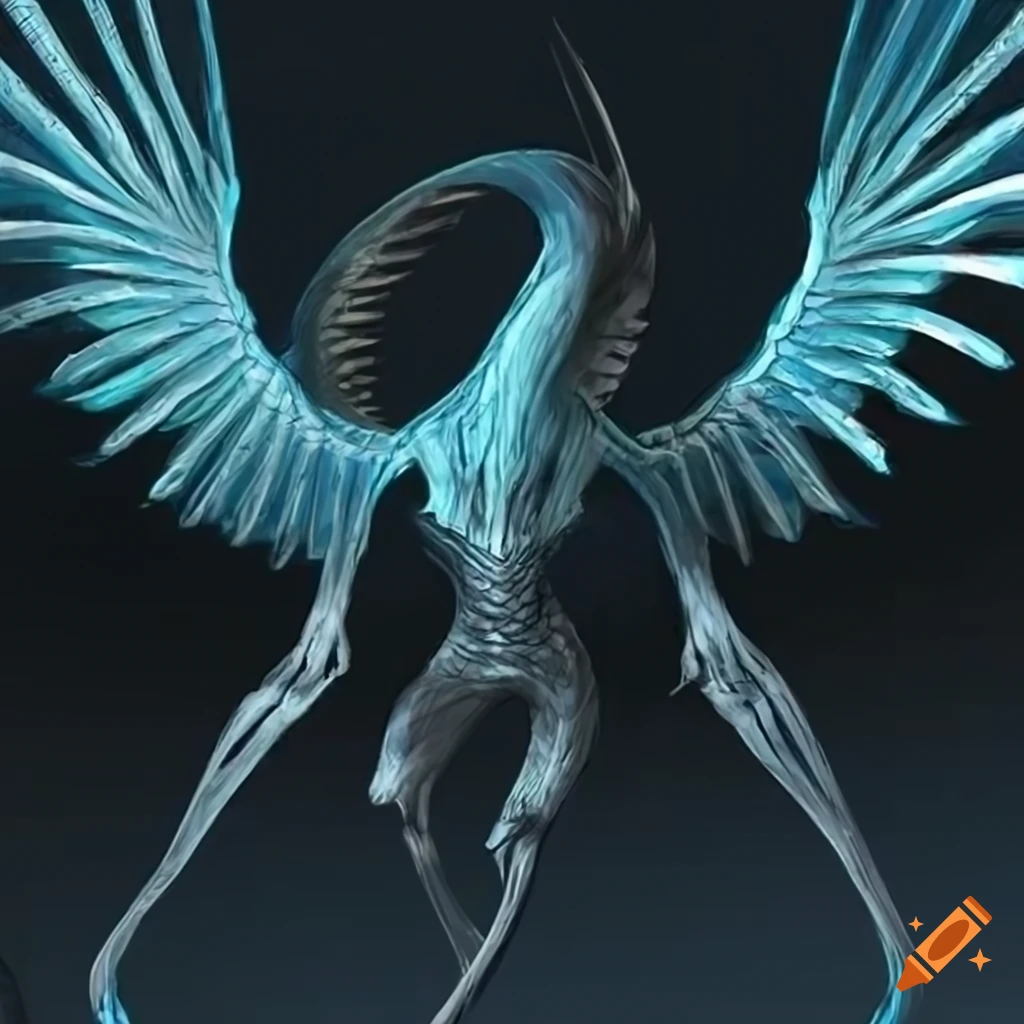 Sci-fi design of a multi-limbed, winged avian alien on Craiyon