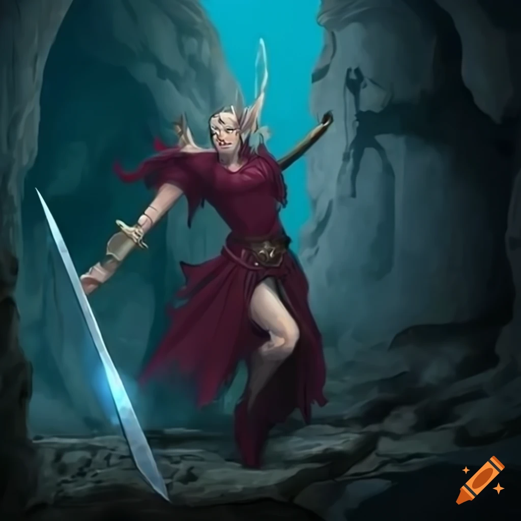 High elf falling with sword stuck in stone cave wall on Craiyon