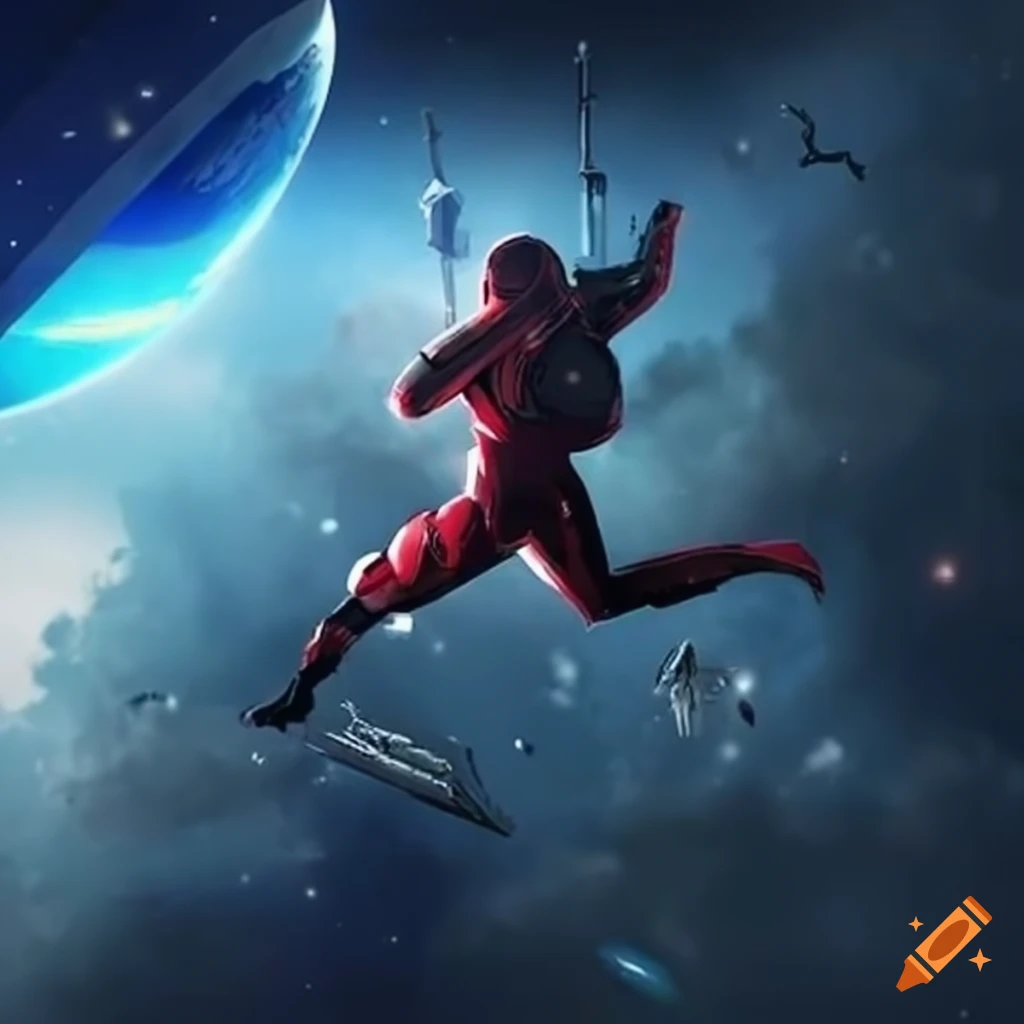 Sci-fi hero falling from space with ships in the background on Craiyon