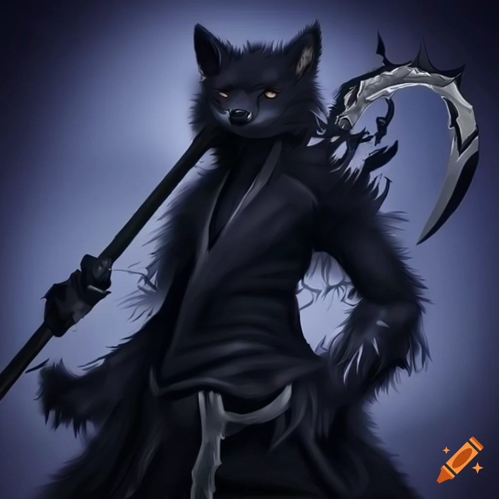 Black shinigami wolf with long fur and scythe on Craiyon