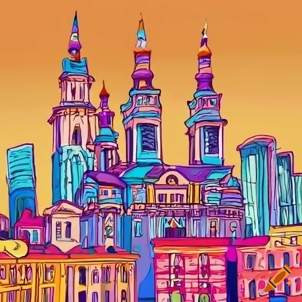 Cartoon illustration of colorful buildings in Kyiv, Ukraine on Craiyon