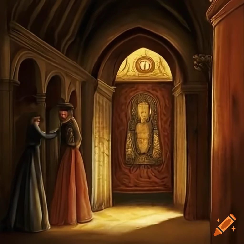 Queen scolding the king in a medieval back hallway setting on Craiyon
