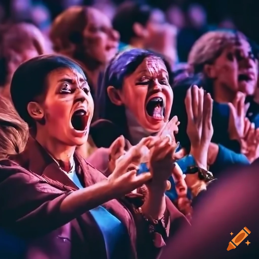 Rowdy colorful audience in a grand theatre in Washington D.C. at night ...