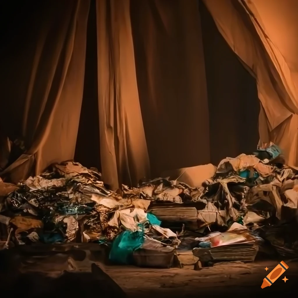 Pile of junk covered with a drapery in a dramatic landscape on Craiyon