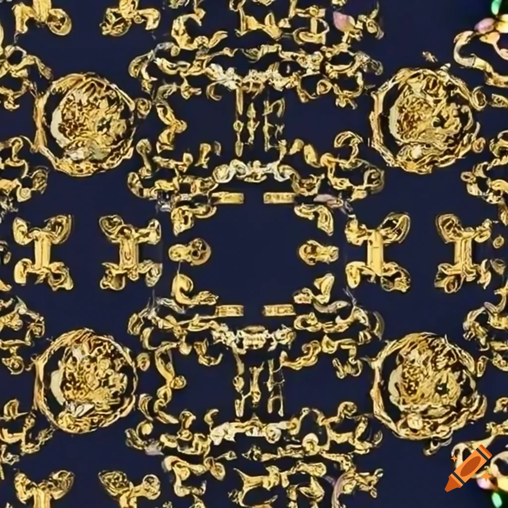 Versace inspired print pattern with chains in gold and black colors on ...