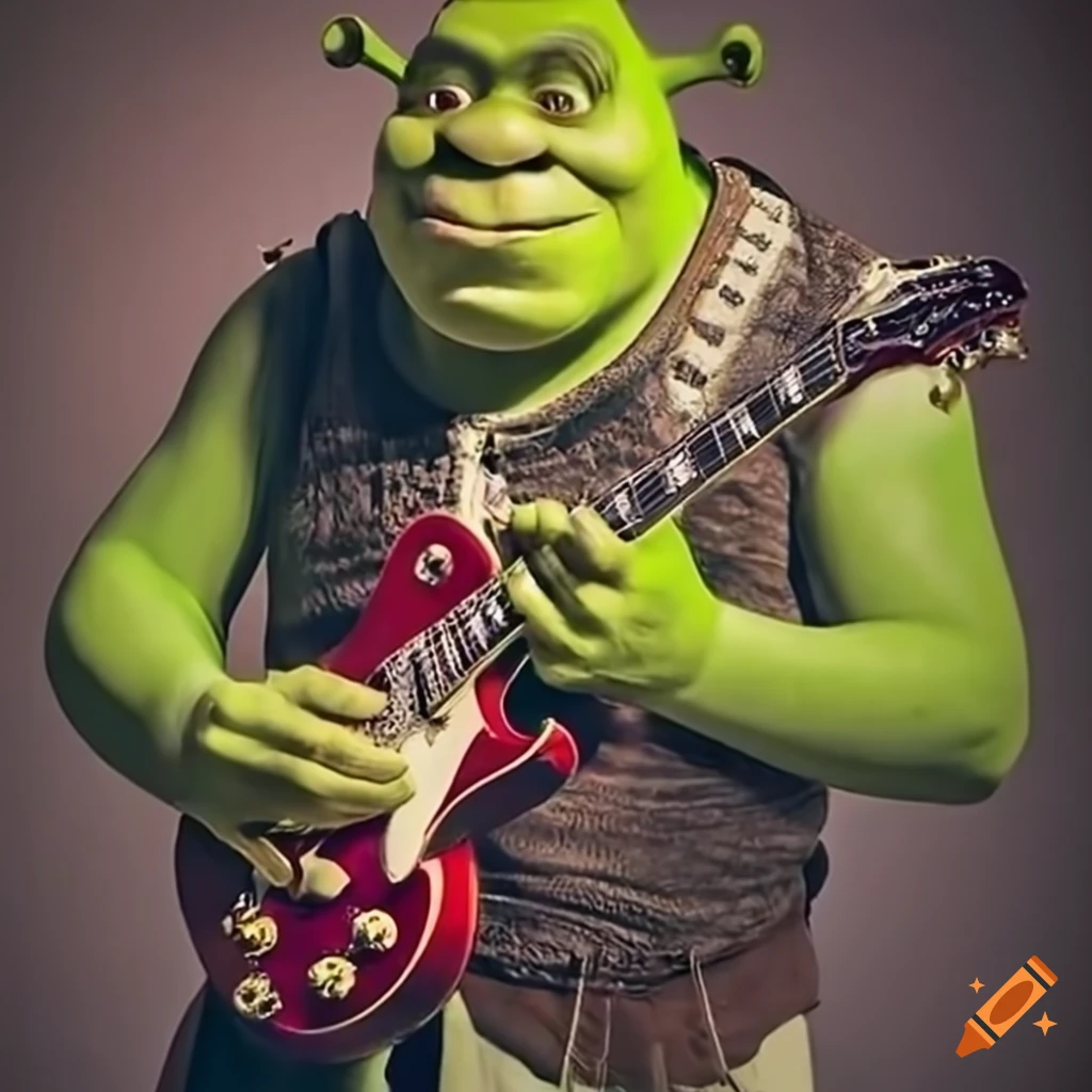 Shrek posing confidently with a les paul electric guitar on Craiyon