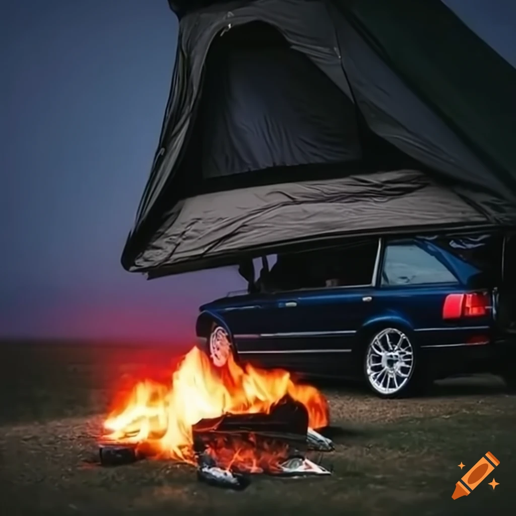BMW E34 touring with rooftop tent and campfire on Craiyon