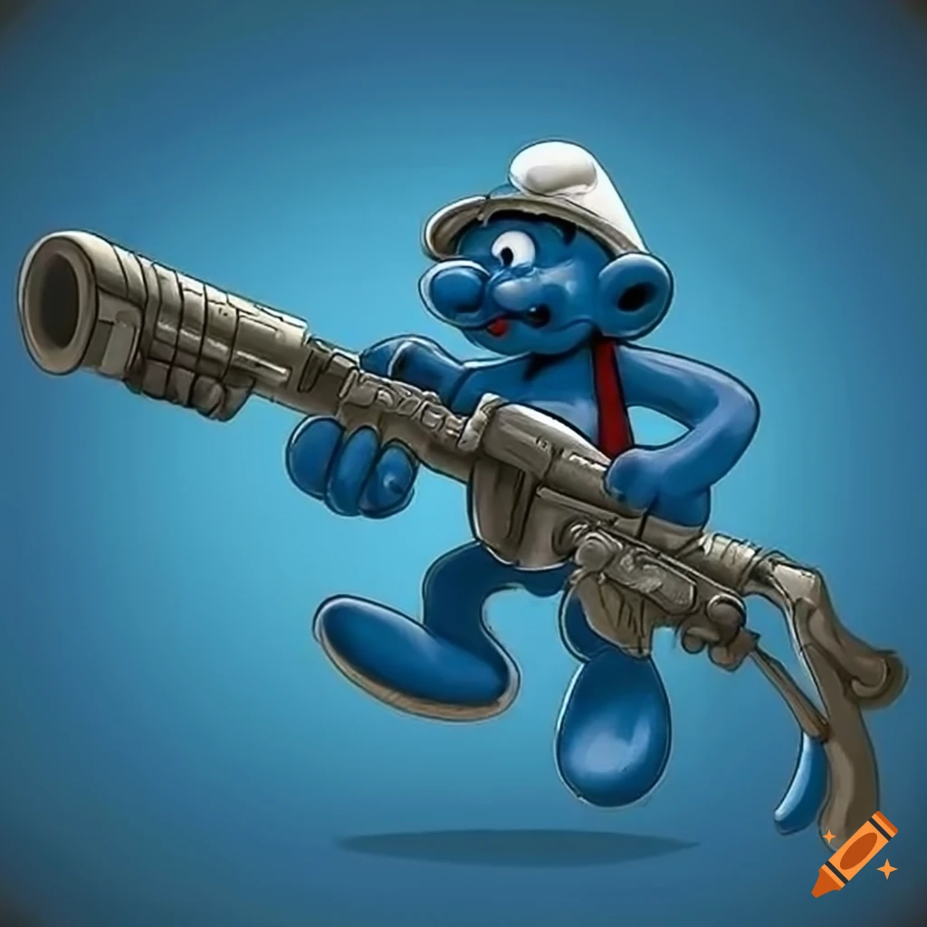Blue smurf with a military weapon on Craiyon