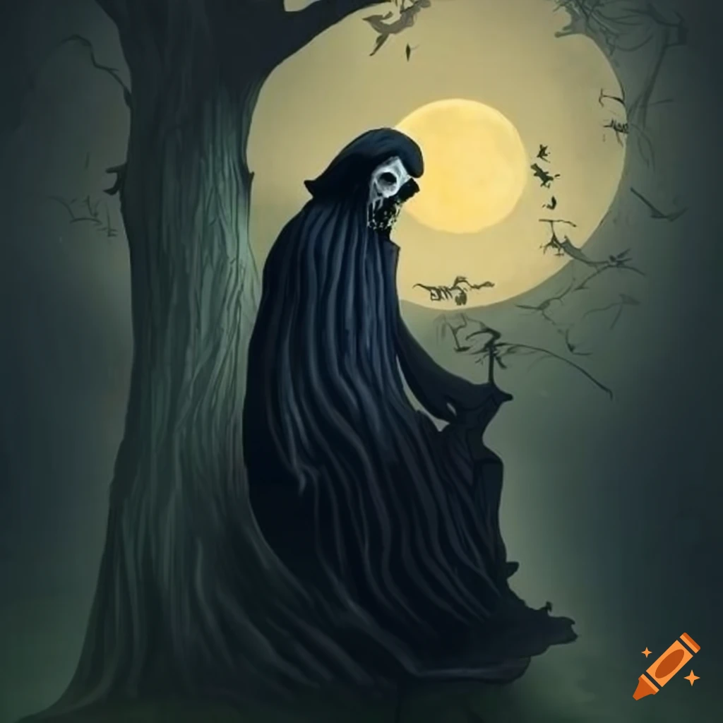 Grim reaper under the moonlight beside a large tree on Craiyon