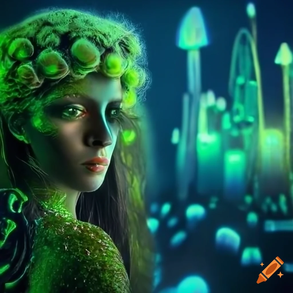 Glowing biopunk cityscape with cyborg mermaid goddesses and biological ...