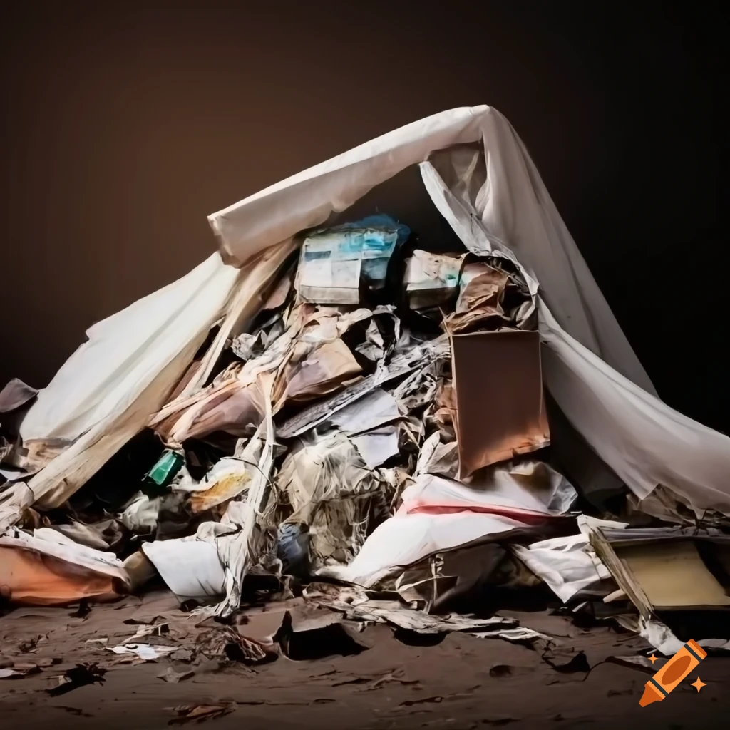 Pile of junk garbage covered with white drapery in a dramatic landscape ...
