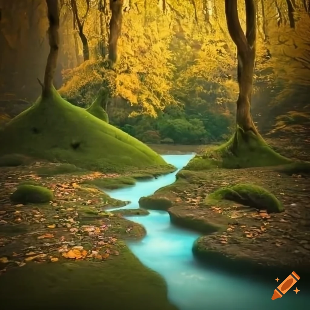 Magical fairy mound in a golden forest with sparkling spring water on ...