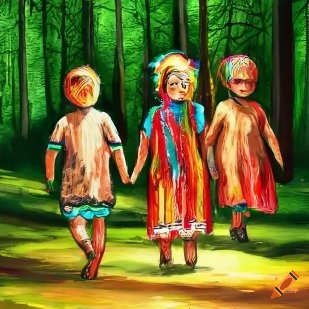 Children playing in first nations clothing in a canadian forest on Craiyon