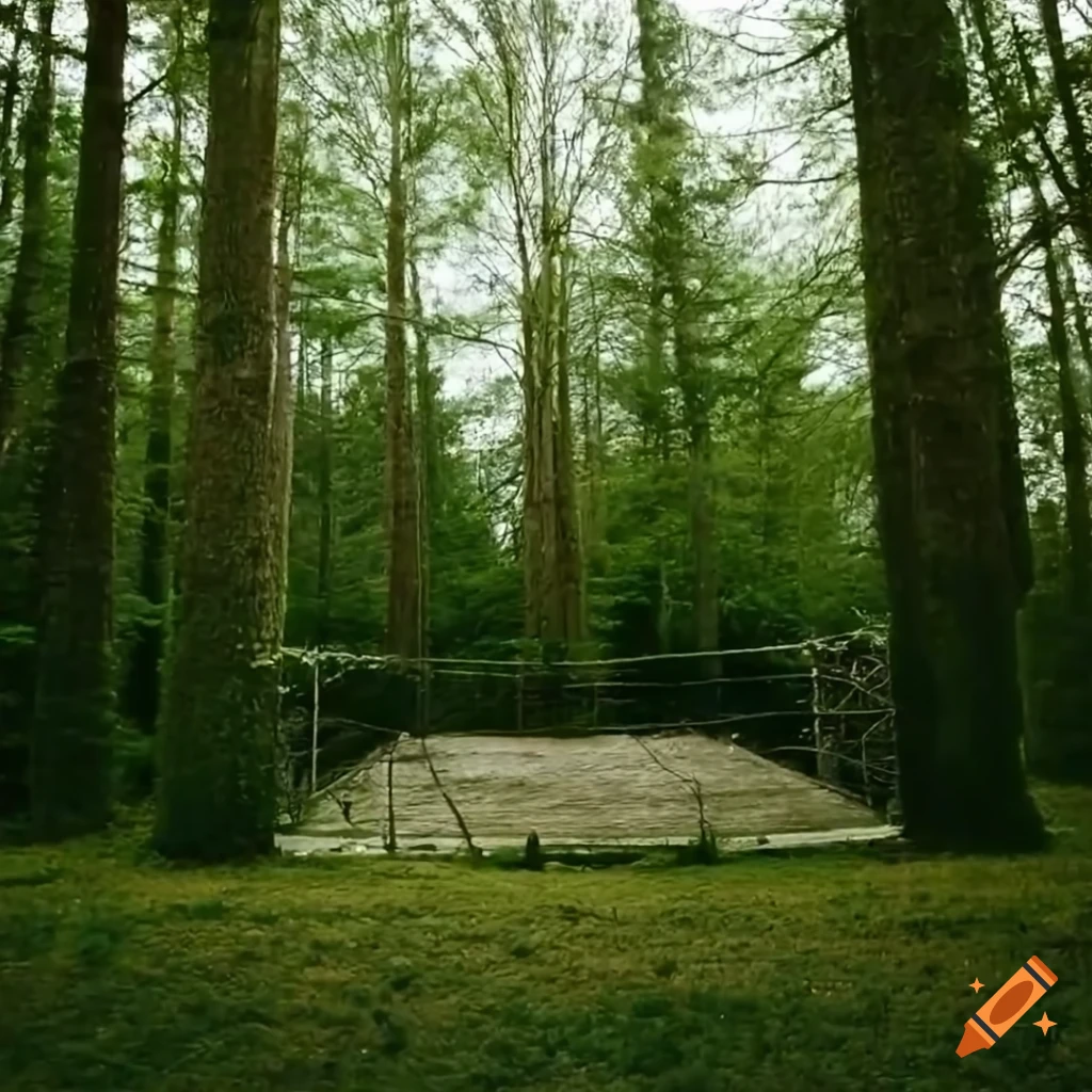 Abandoned wrestling ring in a forest surrounded by ancient trees on Craiyon