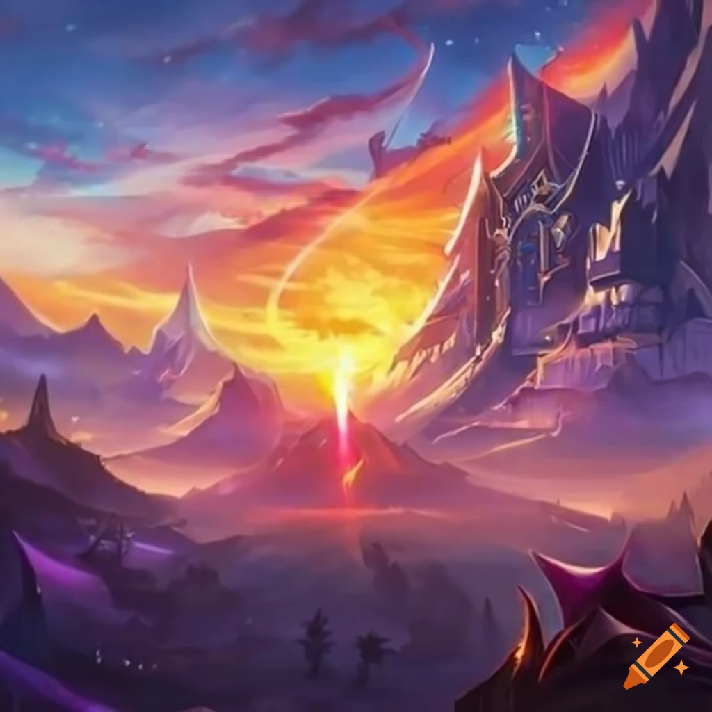 Epic fantasy art with a sunset in a League of Legends style on Craiyon