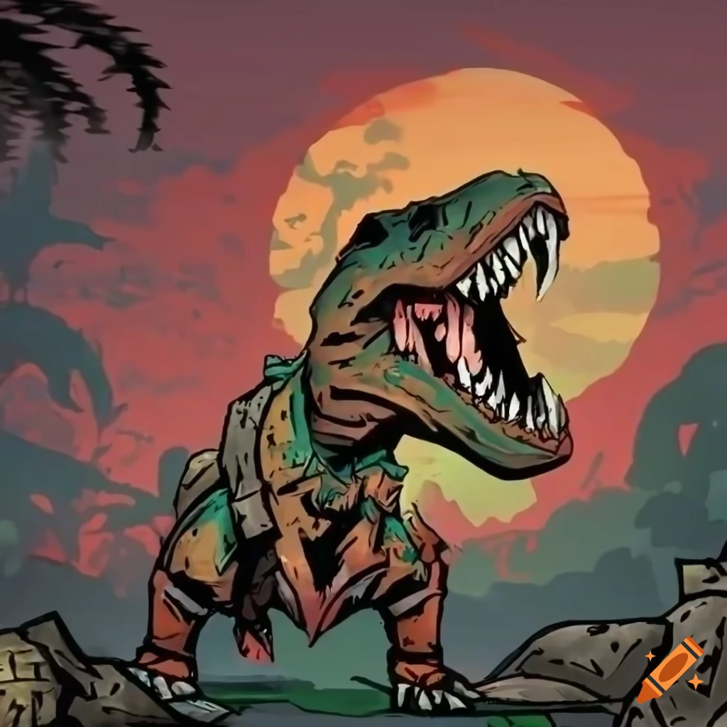 Angry t-rex roaring in a jungle at sunset inspired by darkest dungeon ...