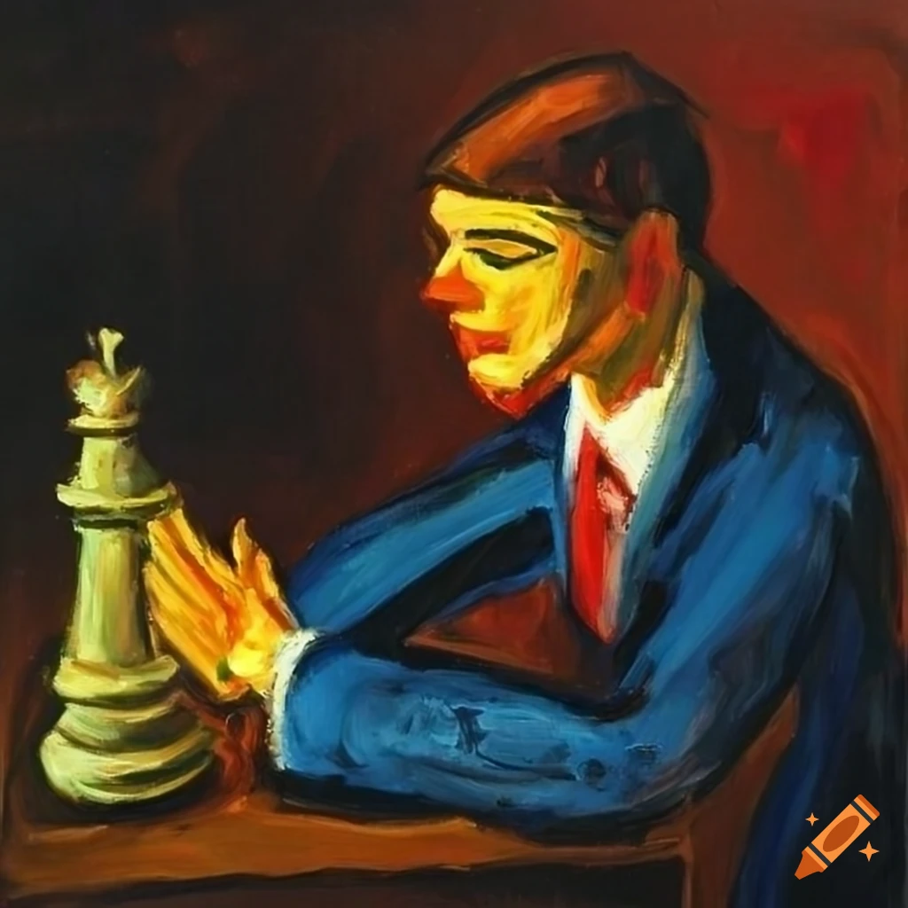 Painting of two chess players with human pawns inspired by otto ...