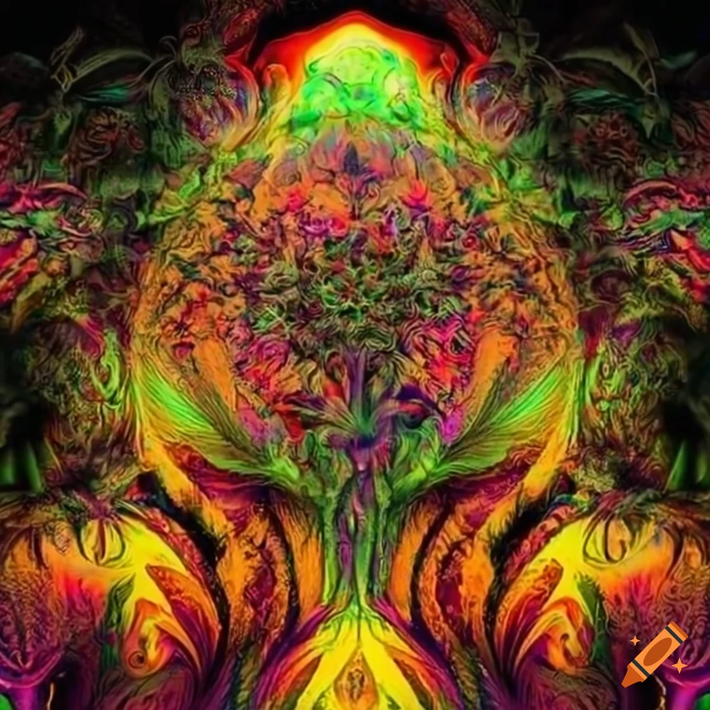 Psychedelic artwork portraying blooming cannabis plants' stages on Craiyon