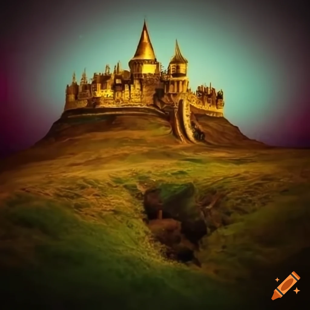 Golden castle on grassy cliff overlooking red water sea on Craiyon