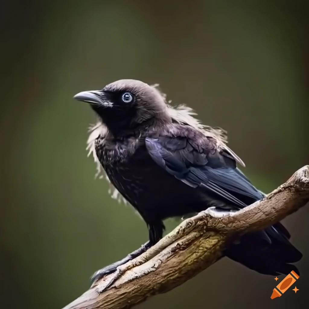 Adorable baby crow on a branch in a nighttime forest on Craiyon