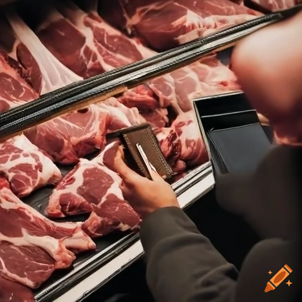 Person holding a wallet in a meat sales aisle on Craiyon