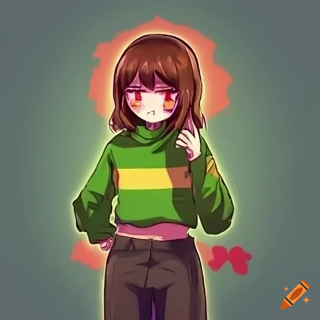 Chara from Undertale in casual attire: crop top and black shorts on Craiyon
