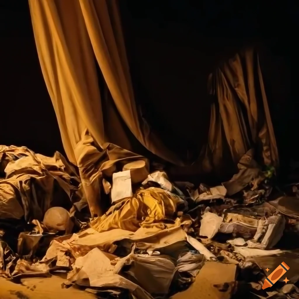 Pile of junk covered with a drapery in a dramatic landscape on Craiyon