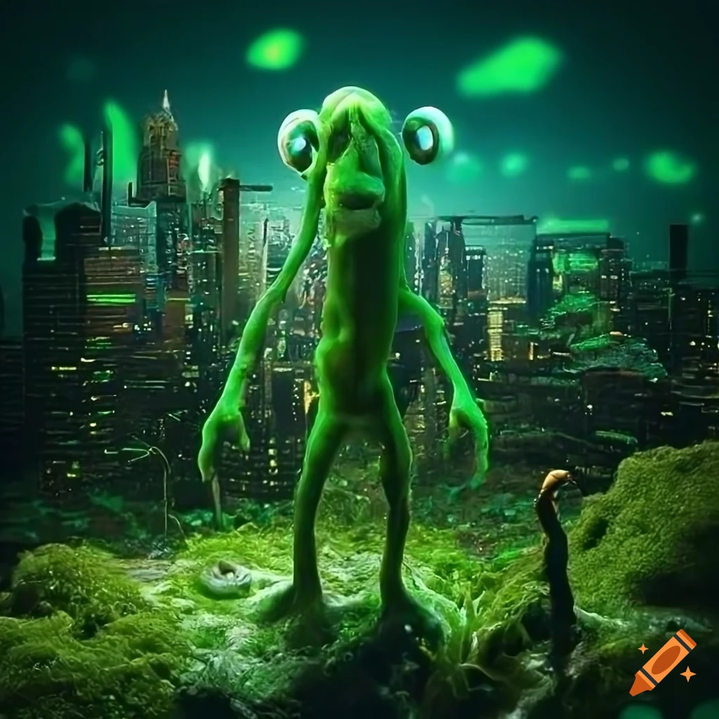 Glowing biopunk cityscape with green moss, plants, and cyborg lemon ...