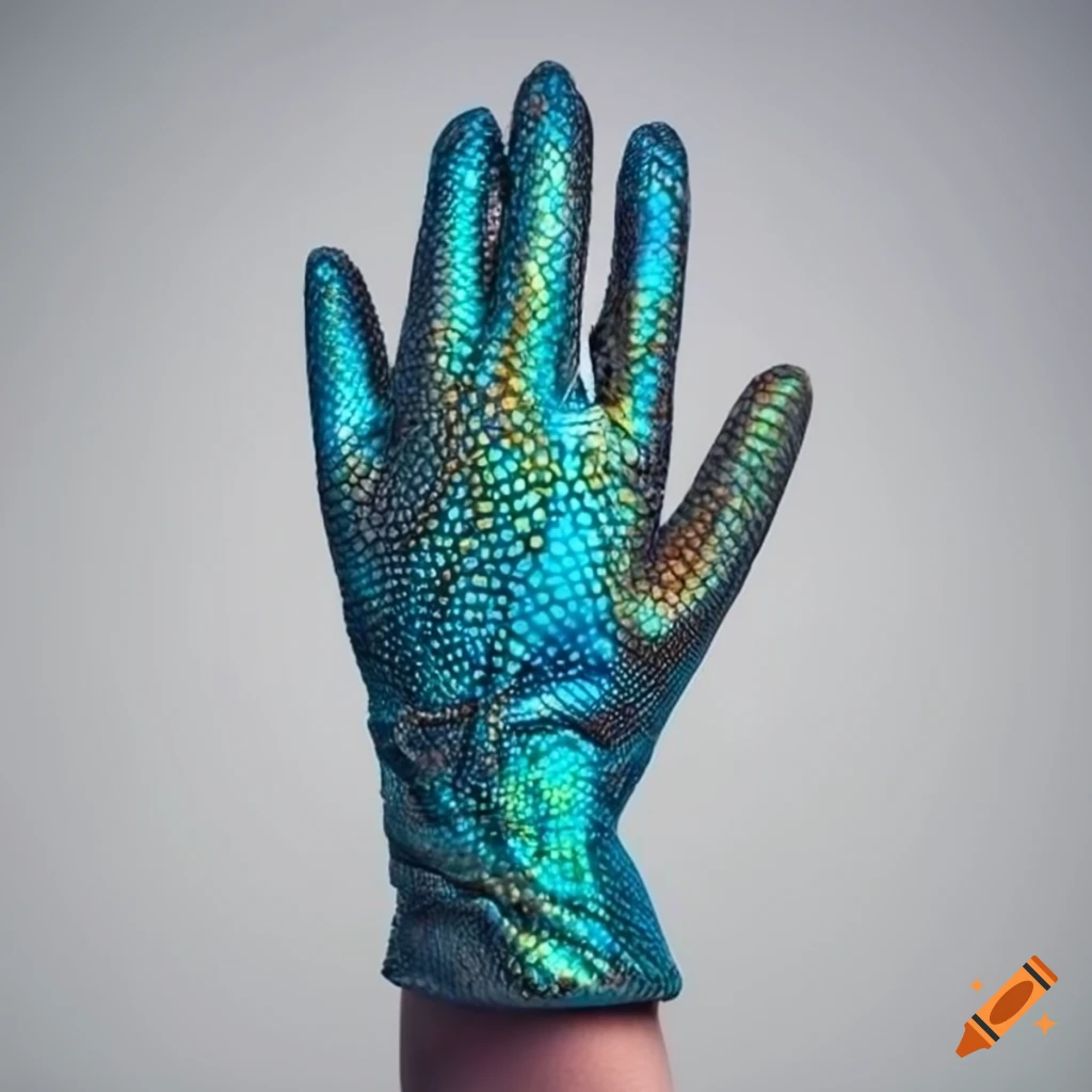 Iridescent lizard leather gloves on a white background on Craiyon