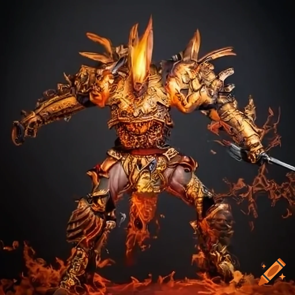 Heavily armored god of fire prepared for battle on Craiyon