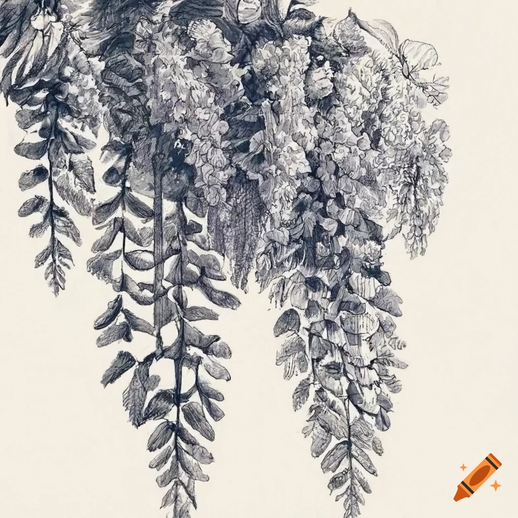 Wisteria pencil drawing vintage scene on Craiyon