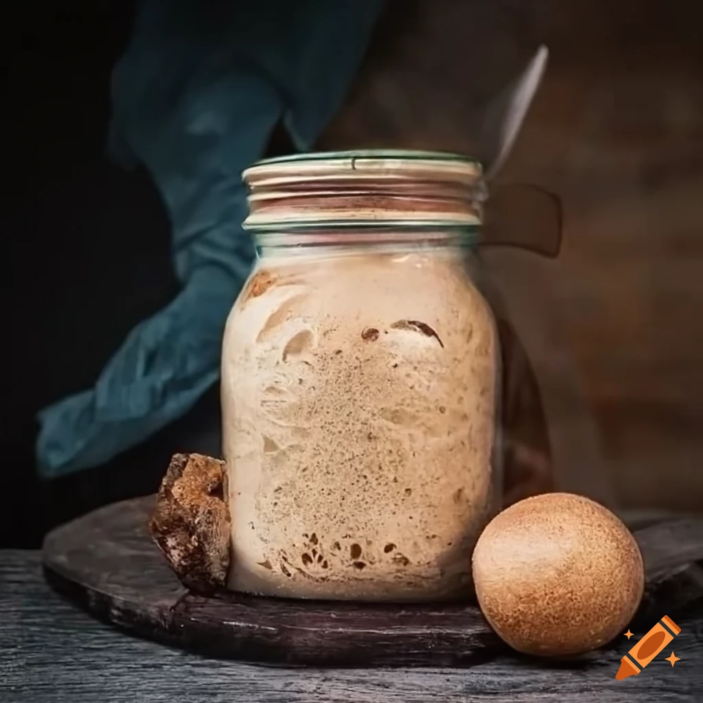 Active sourdough starter overflowing from an ancient jar on Craiyon