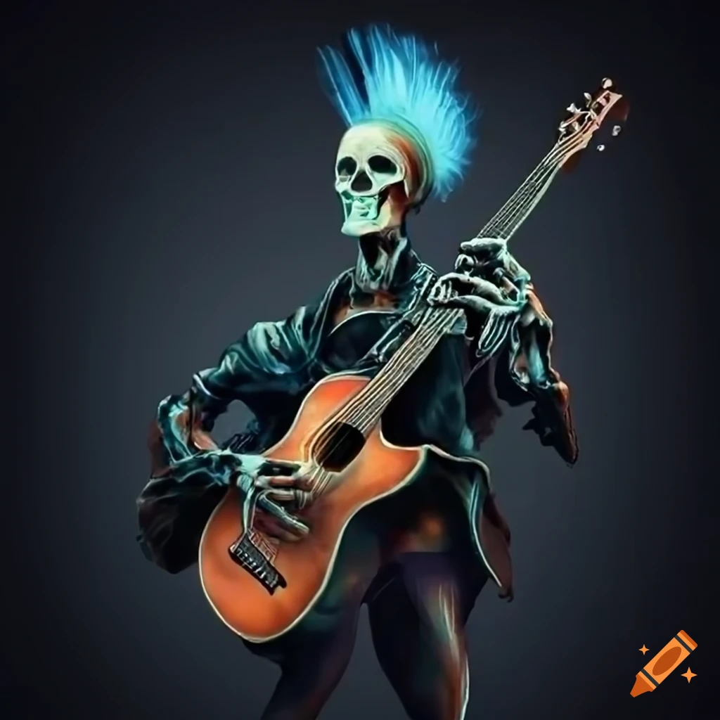 Skeleton with a mohawk and leather jacket playing guitar on Craiyon