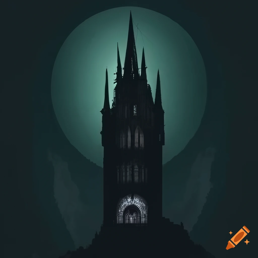 Tall imposing mystical dark fantasy gothic black tower with lit windows ...
