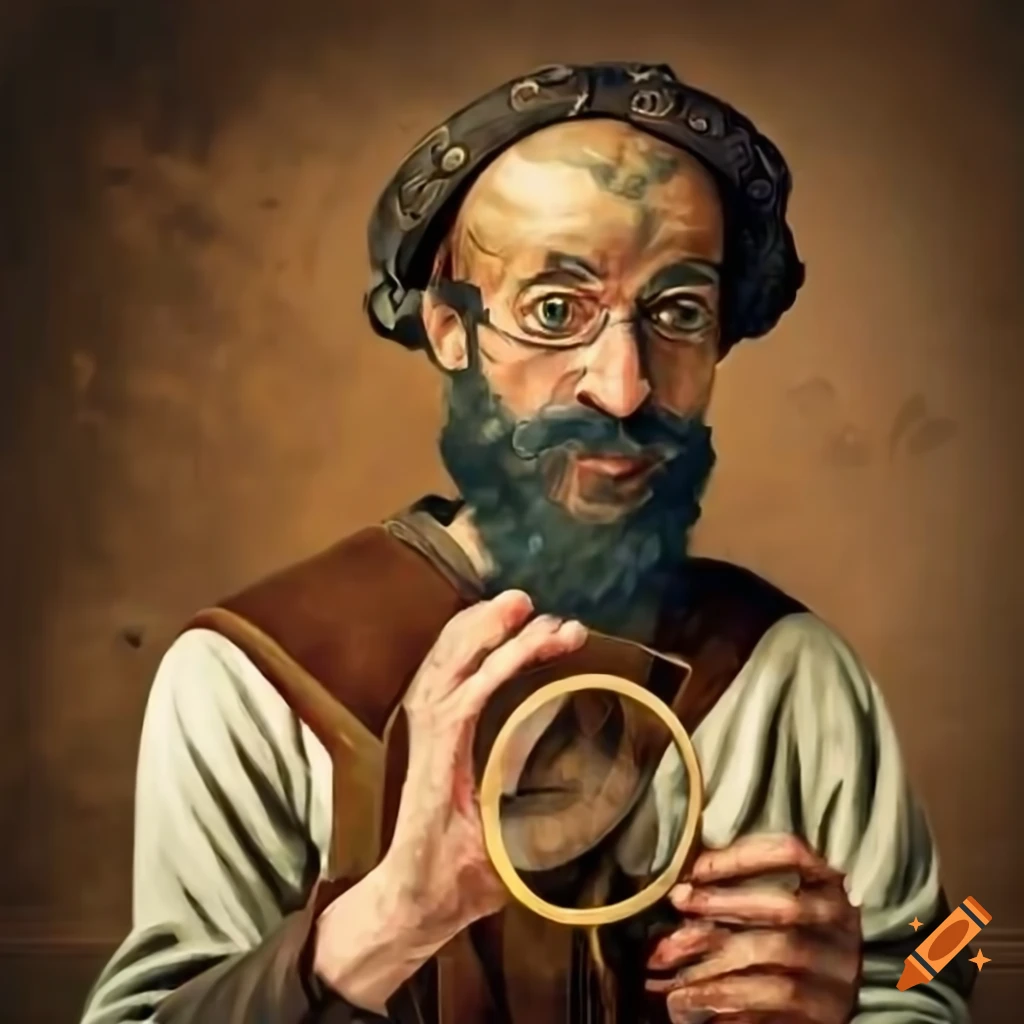 Medieval merchant with big round glasses and a magnifying glass on Craiyon